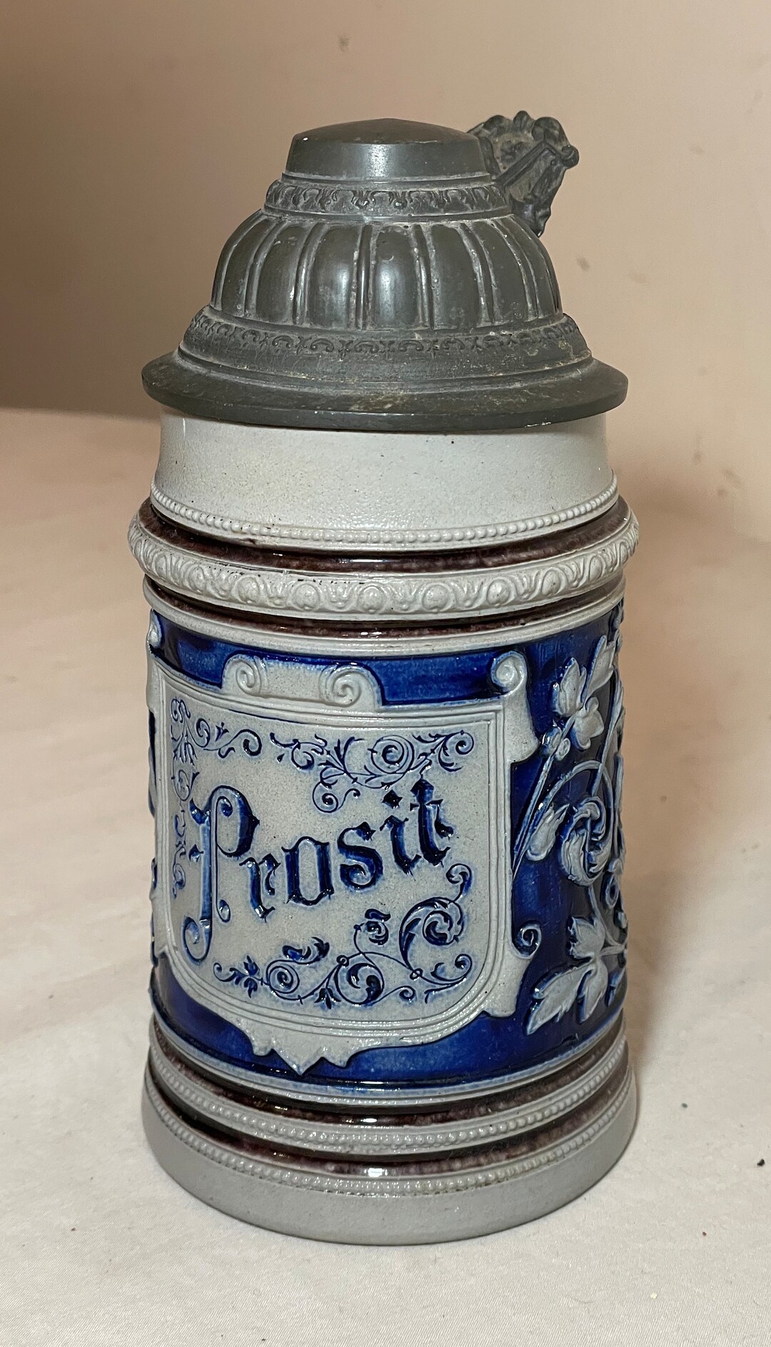 Antique Handmade Westerwald German Prosit Pottery Pewter Lidded Beer ...