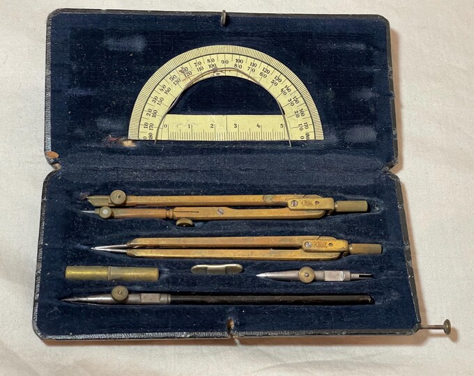 Antique 19th Century Brass Drafting Scribe Writing Box Tool Set in Hard ...