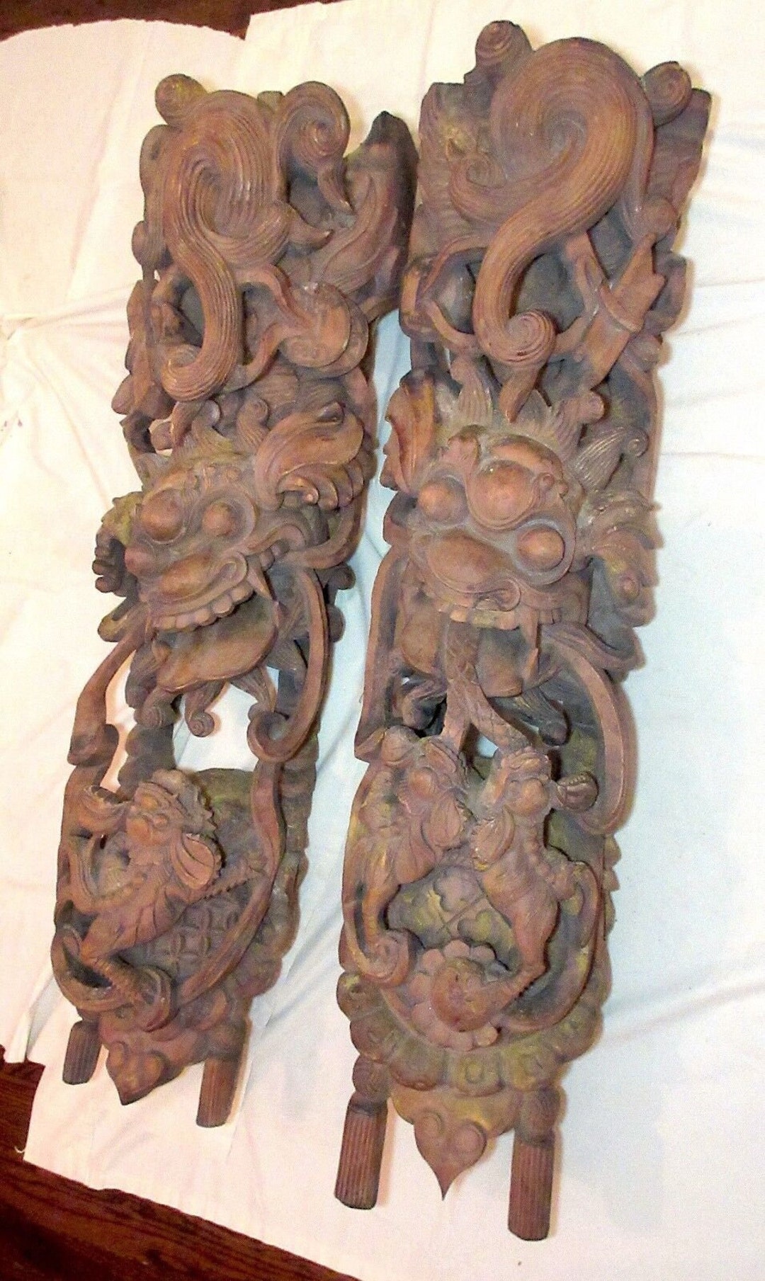 HUGE Pair of Antique Hand Carved Figural Temple Chinese Wood Corbel ...