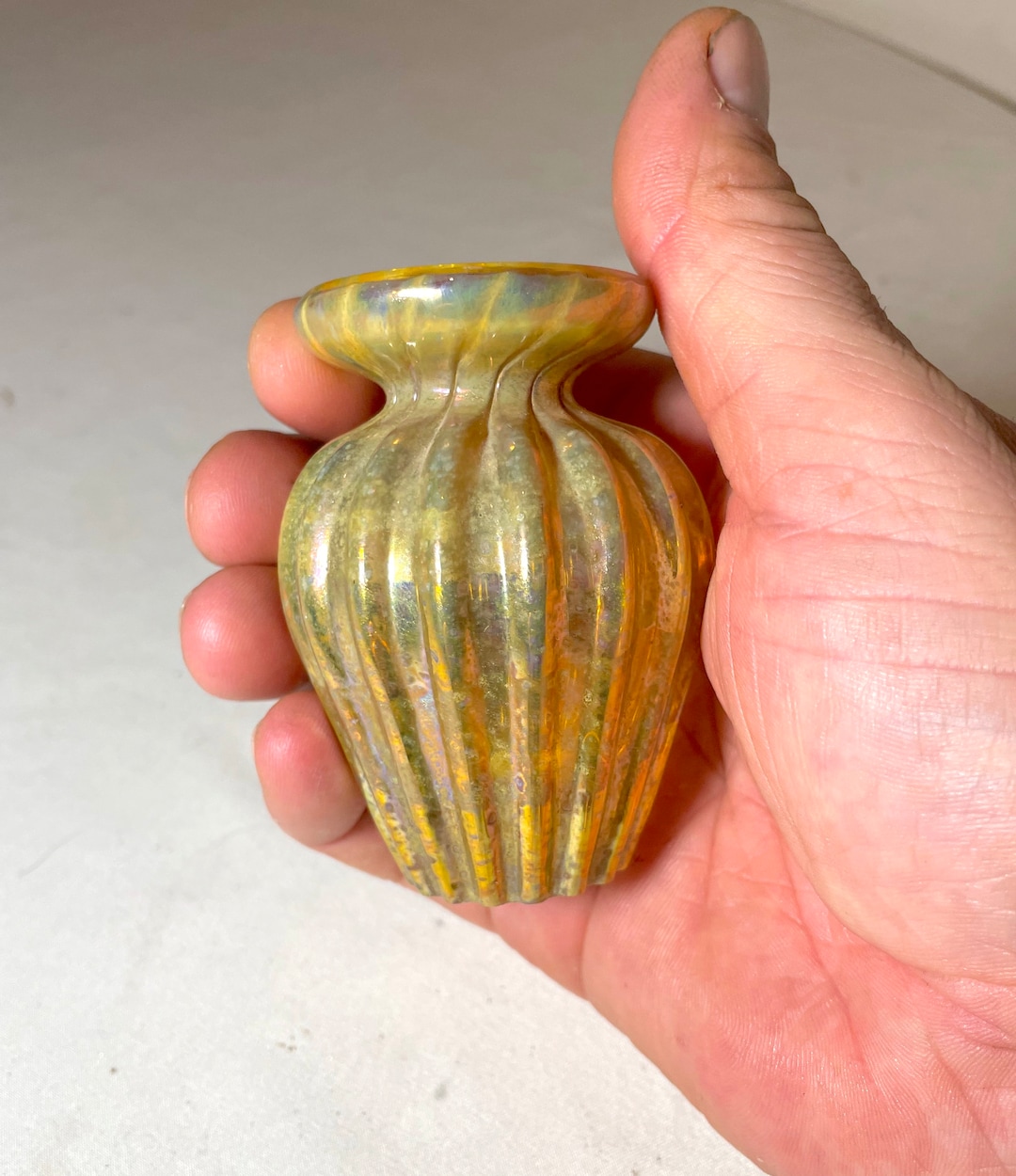 1991 Hand Blown Stephen Fellerman Aurene Iridescent Miniature Ribbed ...