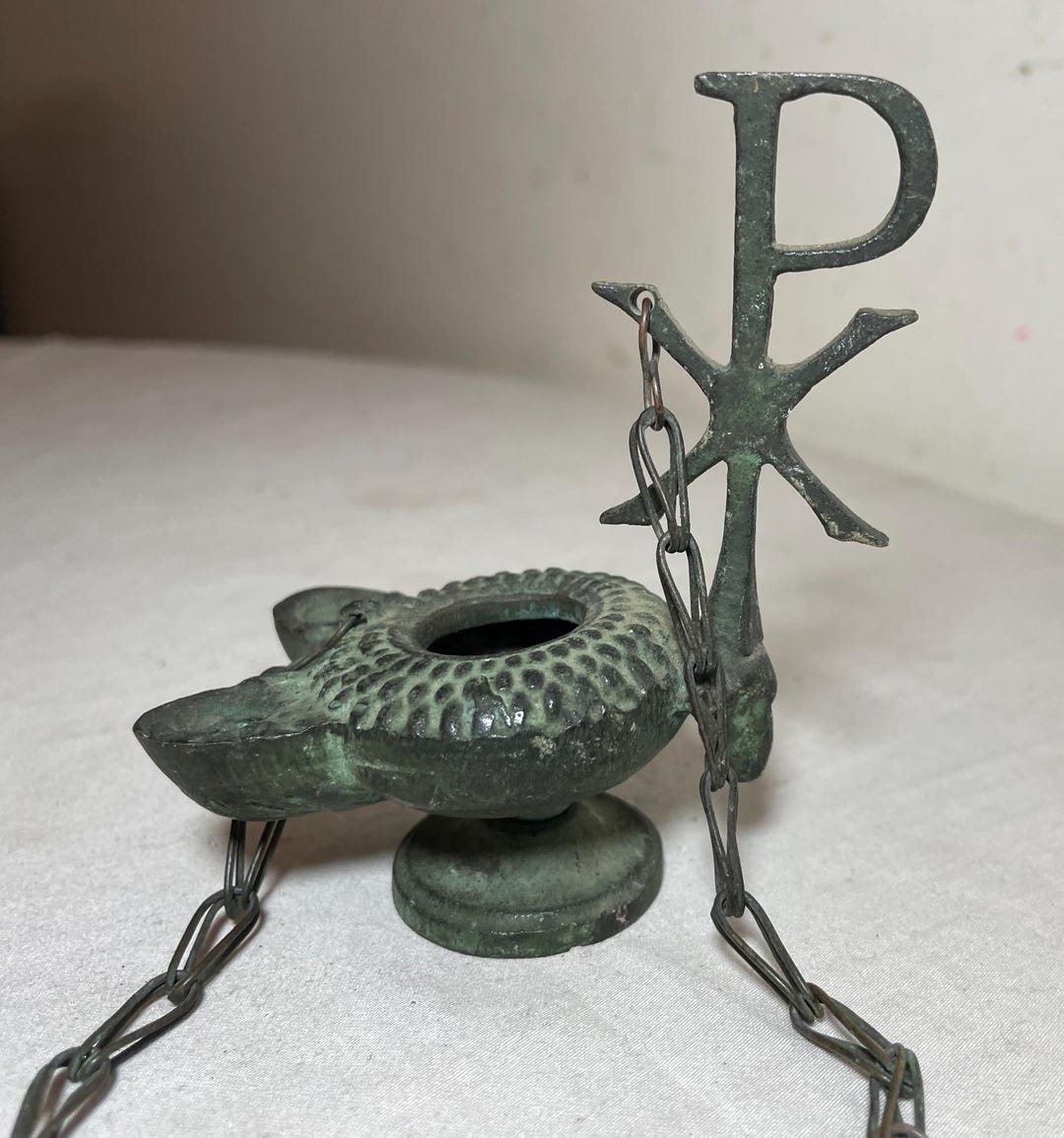 Antique PYX Byzantine Religious Cast Bronze Dual Spout Hanging Oil Lamp ...