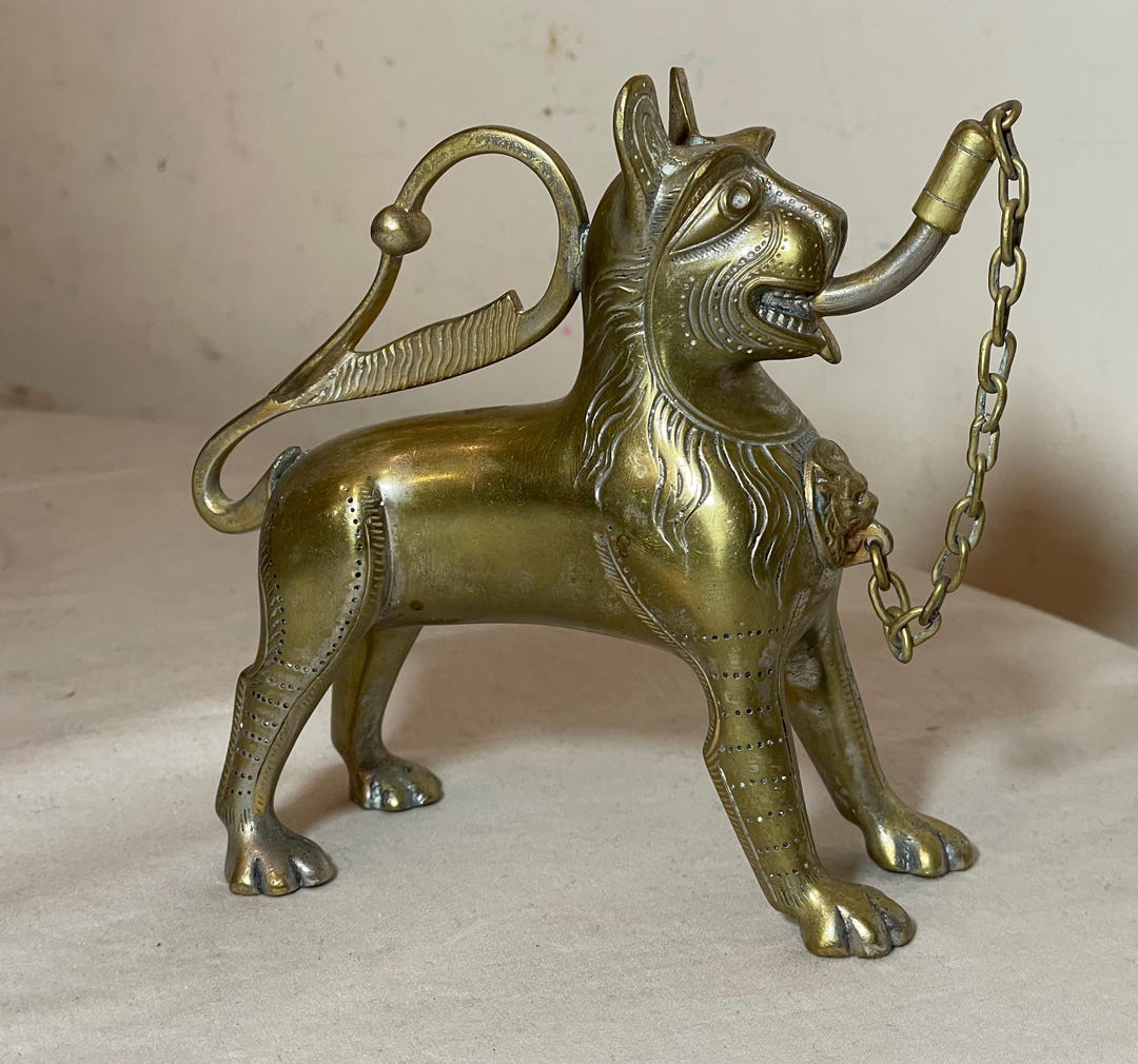Antique 1800's Bronze Brass Aquamanile Lion Oil Lamp Lighter Temple ...