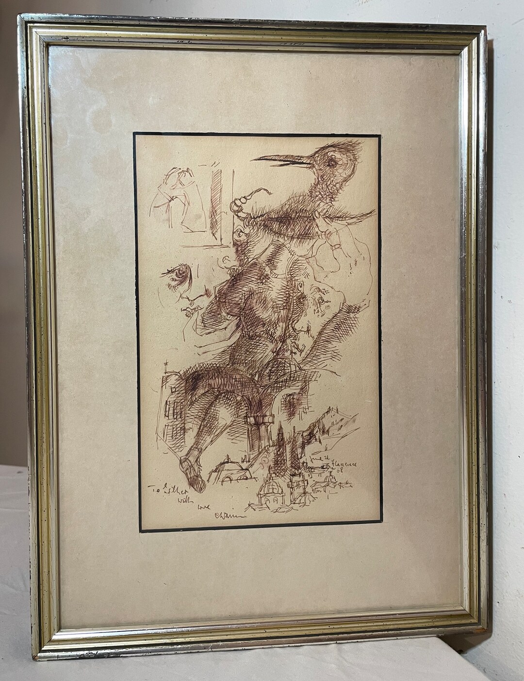 Original 1968 Signed Chaim Gross Pen and Ink Drawing Abstract ...