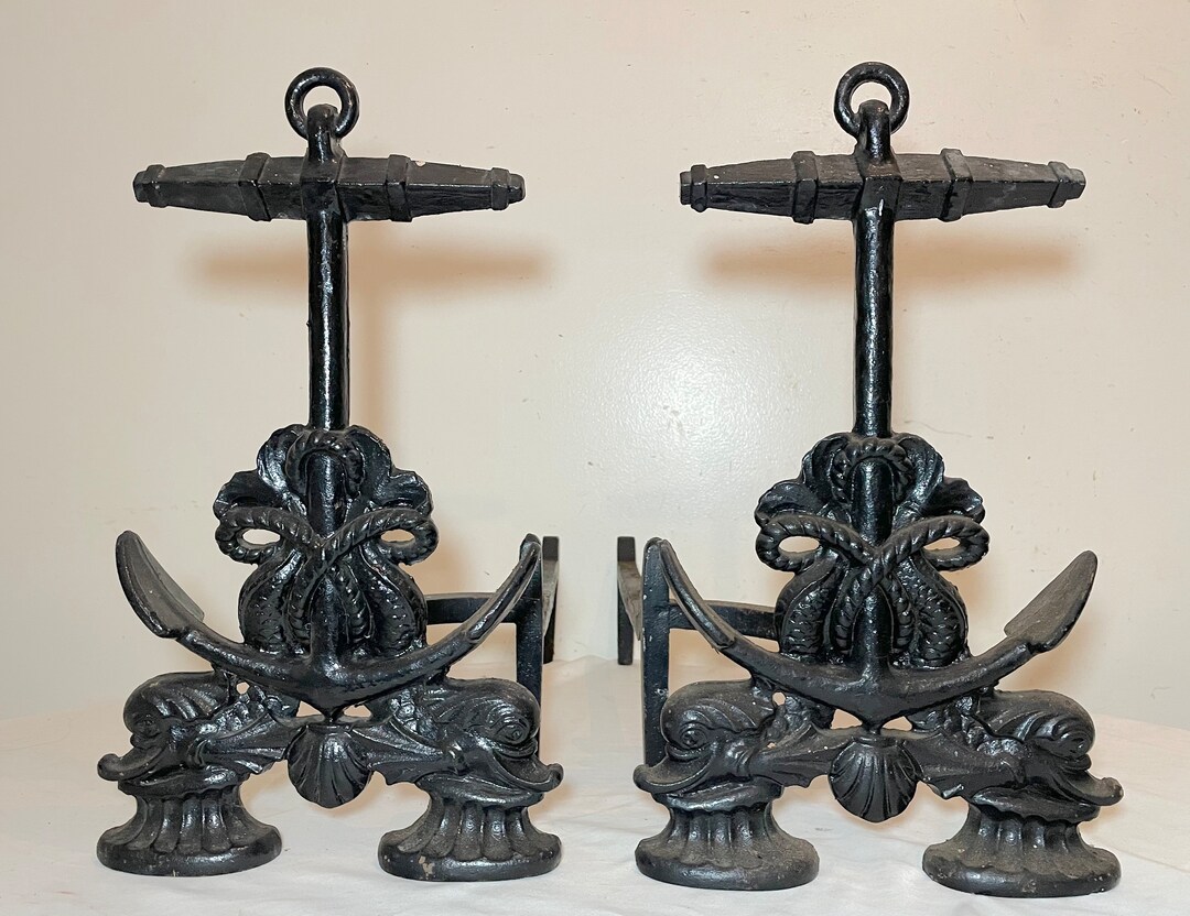 Pair of 2 Antique Howes Cast Iron Nautical Dolphin Anchor Fireplace ...