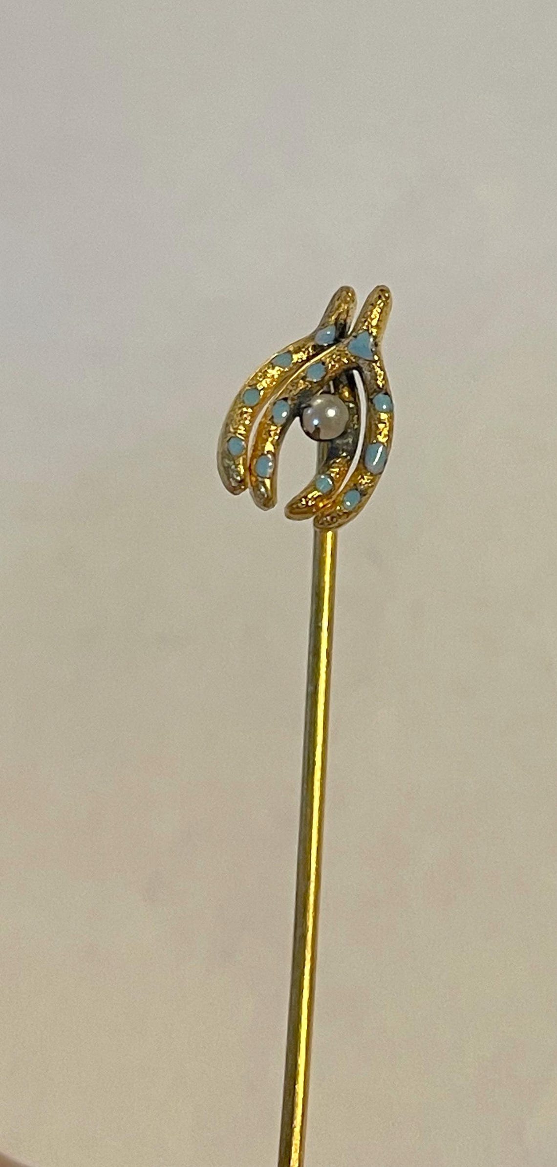 Antique Handmade Yellow Gold Filled Wishbone Enamel Pearl Hat Stick Pin ...