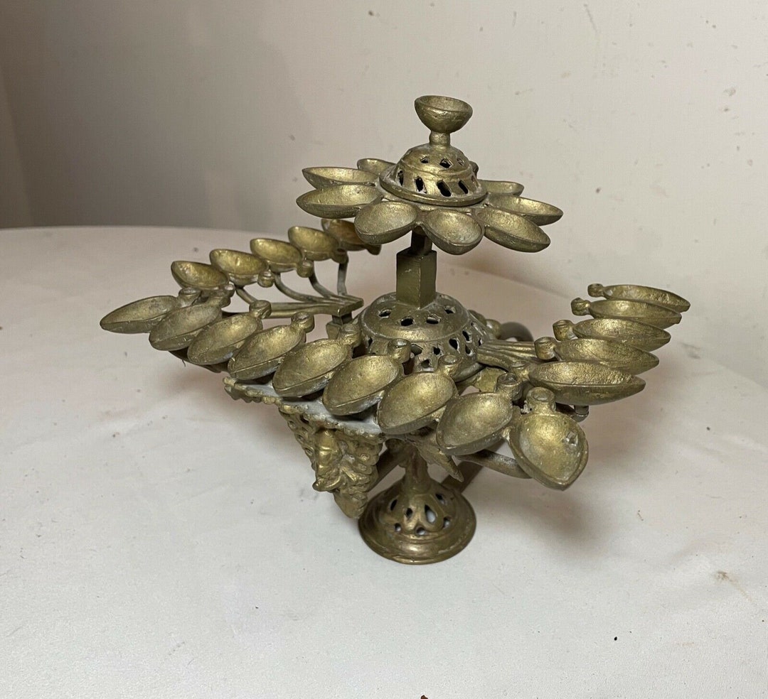 RARE Antique Indian 5 Piece Multi Wick Brass Diyas Oil Burning Table ...