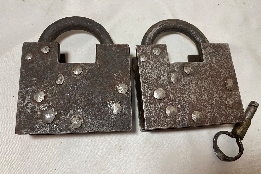 Pair of Rare Antique Hidden Key 1800's Pad Lock Solid Steel Wrought ...