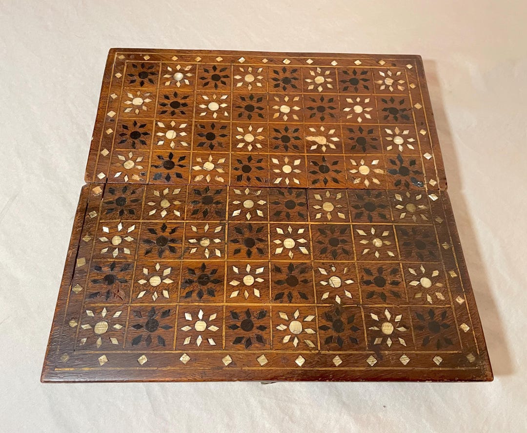 Antique 1800's Handmade Folk Art Wooden Marquetry Gaming Chess Checker ...