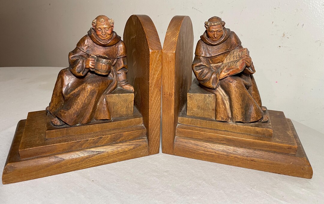 Pair of Antique Hand Carved Wood Figural Monk Friar Bookends Sculpture ...