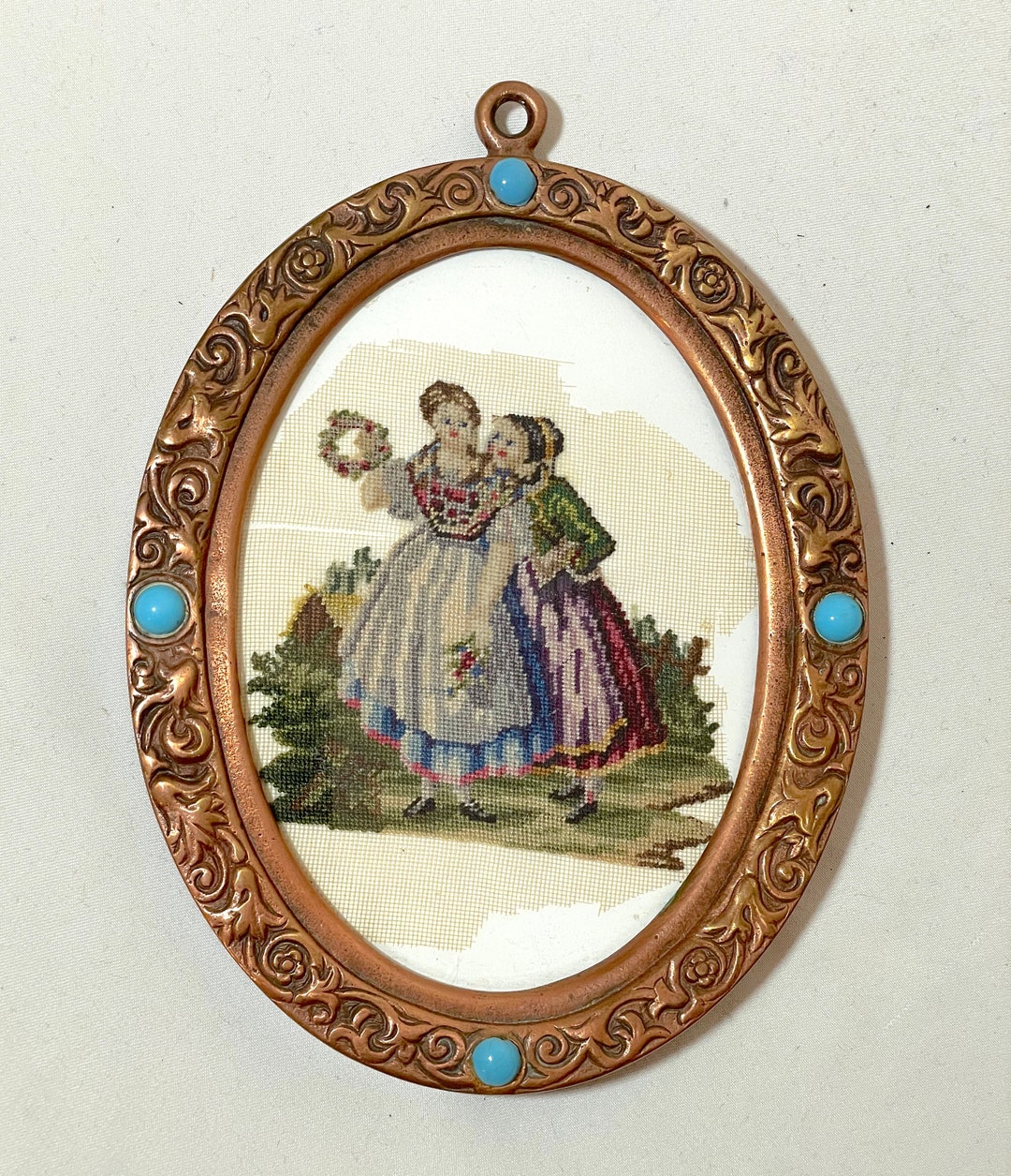 Antique 1800s European Petite Point Needlepoint Sampler Art Bronze ...