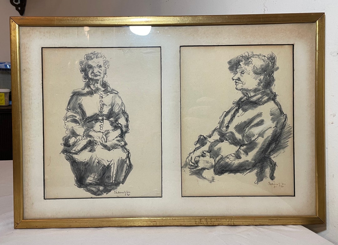Two Original 60' Signed Chaim Gross Original Ink Drawing Elder Lady ...
