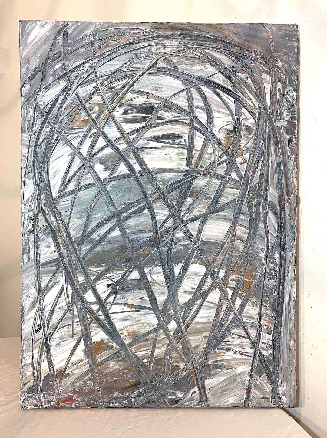 RARE Vintage Original 1990 Il Lee Korean Abstract Line Oil Painting on ...