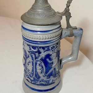 Antique Westerwald German Pottery Pewter Cherub Lidded Beer Stein Mug ...