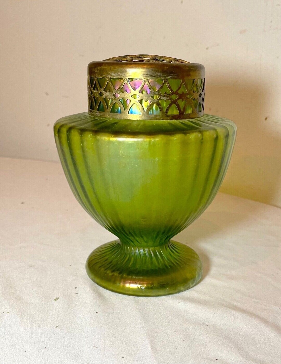 Antique Hand Blown Bohemian Loetz Bronze Mount Green Glass Potpourri ...
