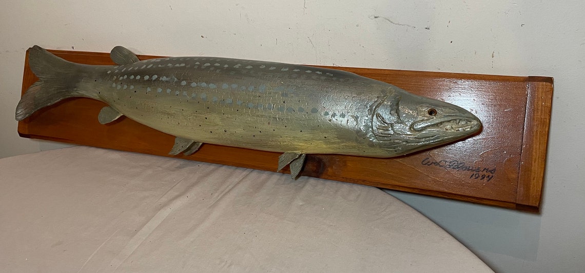 Vintage Carved Wood 1949 Flowers Pike Fish Sculpture Wall Mount Trophy ...