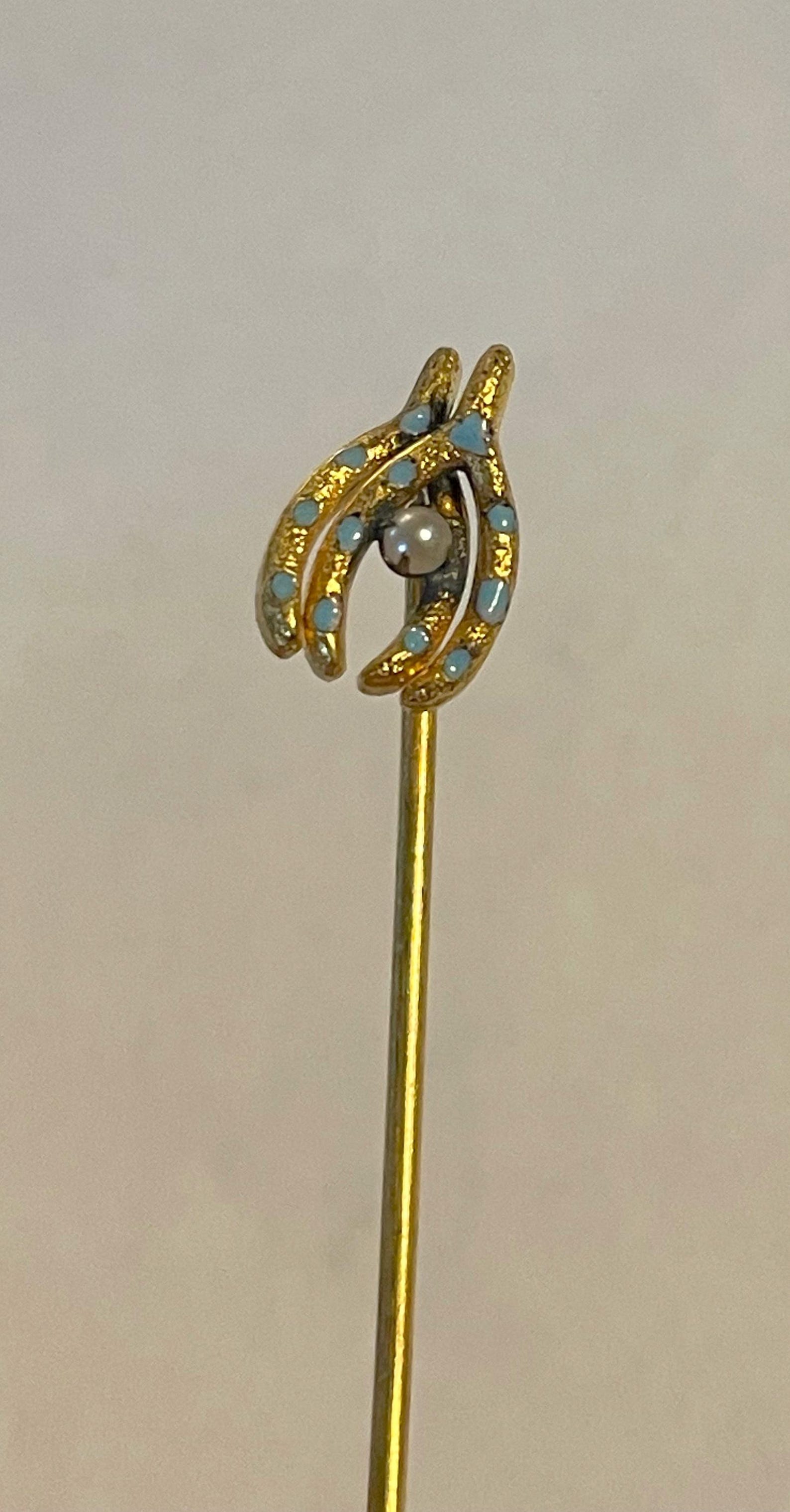 Antique Handmade Yellow Gold Filled Wishbone Enamel Pearl Hat Stick Pin ...