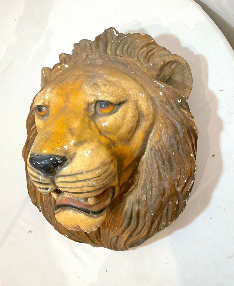 LARGE Antique Handmade Original Carnival Plaster Wall Mount Lion Head ...