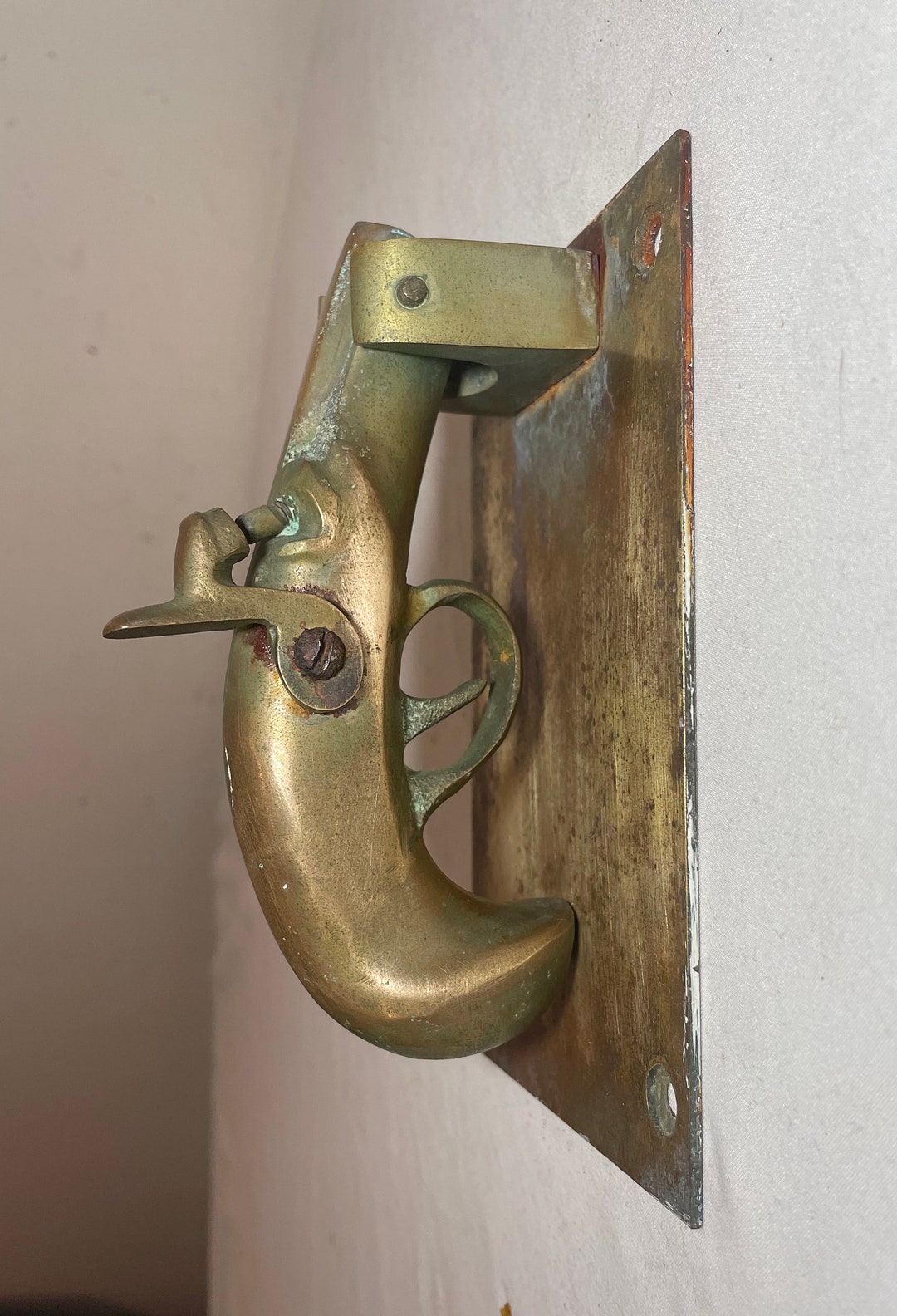 RARE Antique Solid Heavy Brass Gun Pistol Flintlock Figural Front Door ...