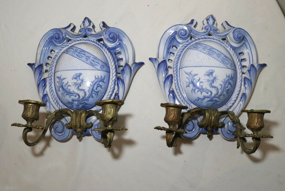 Antique Handmade Galle Nancy St. Clement Pottery Bronze Faience Sconces ...