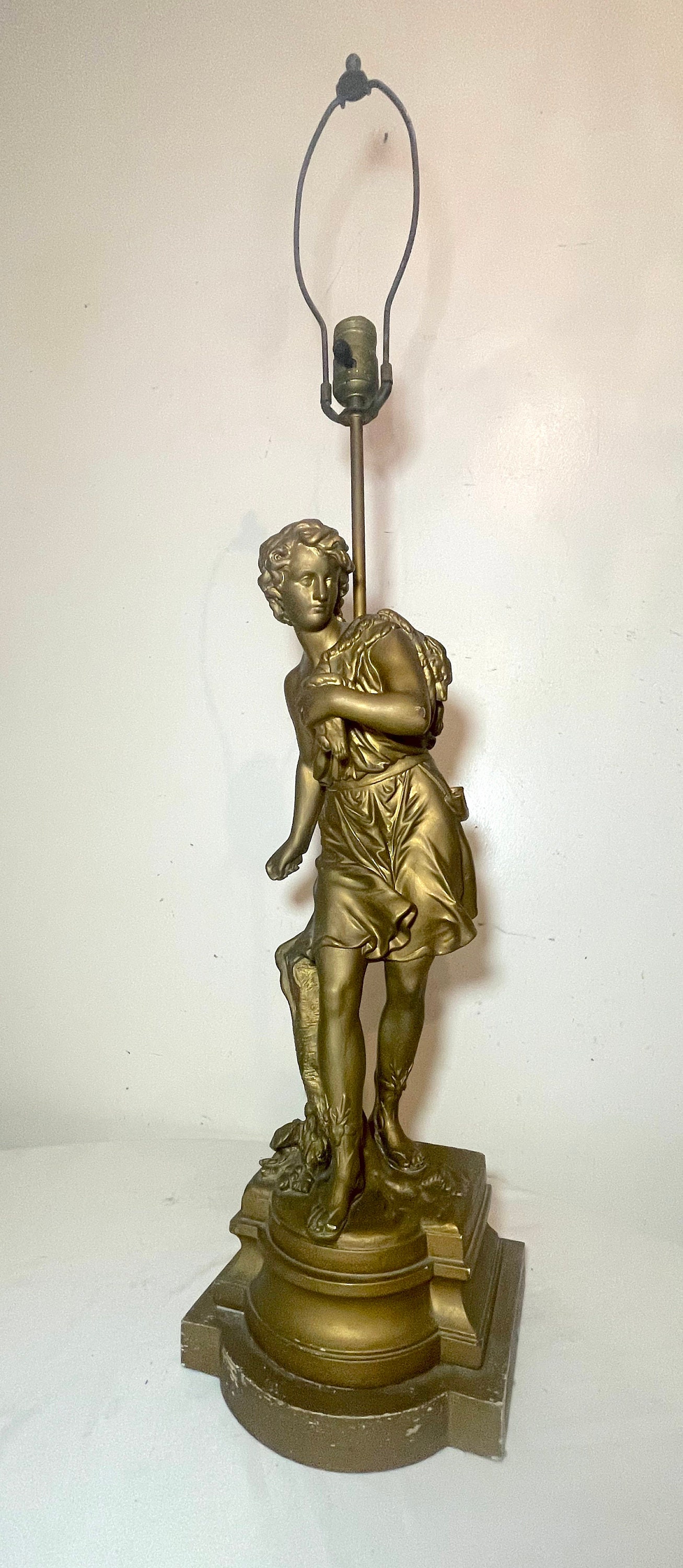 HUGE Antique Figural Gold Gilded Wood Ceramic Hunter Man Electric Table ...