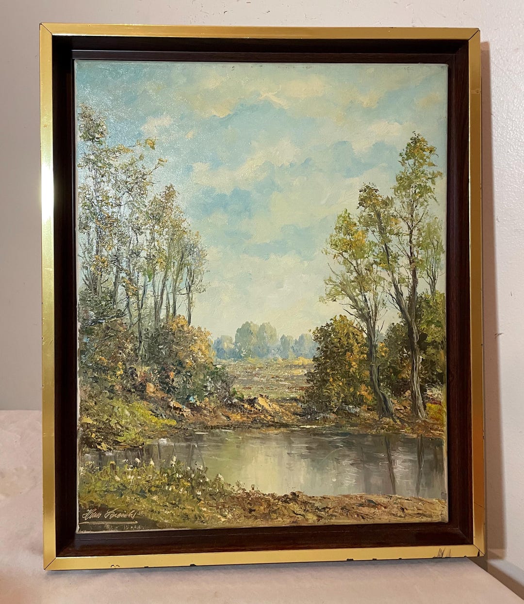 Vintage Original Hans Leich Oil Painting Realism Pond Landscape on ...