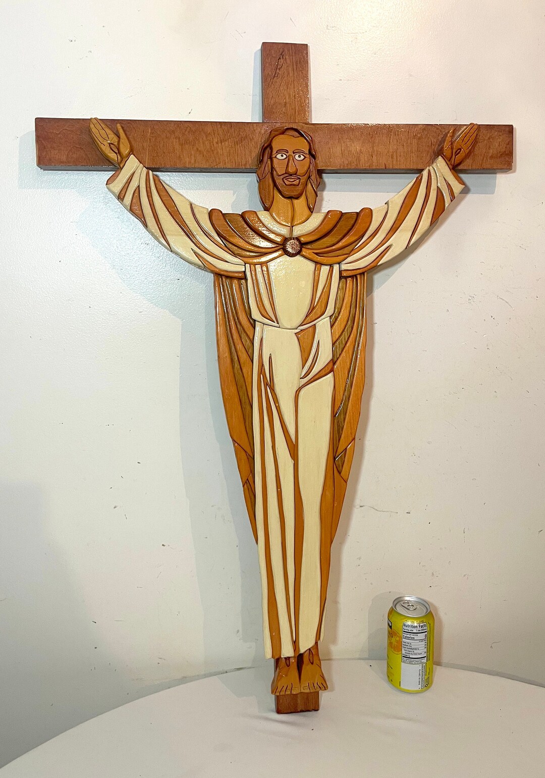 HUGE Carved Jesus Christ Intarsia Wood Art Wall Marquetry Sculpture ...