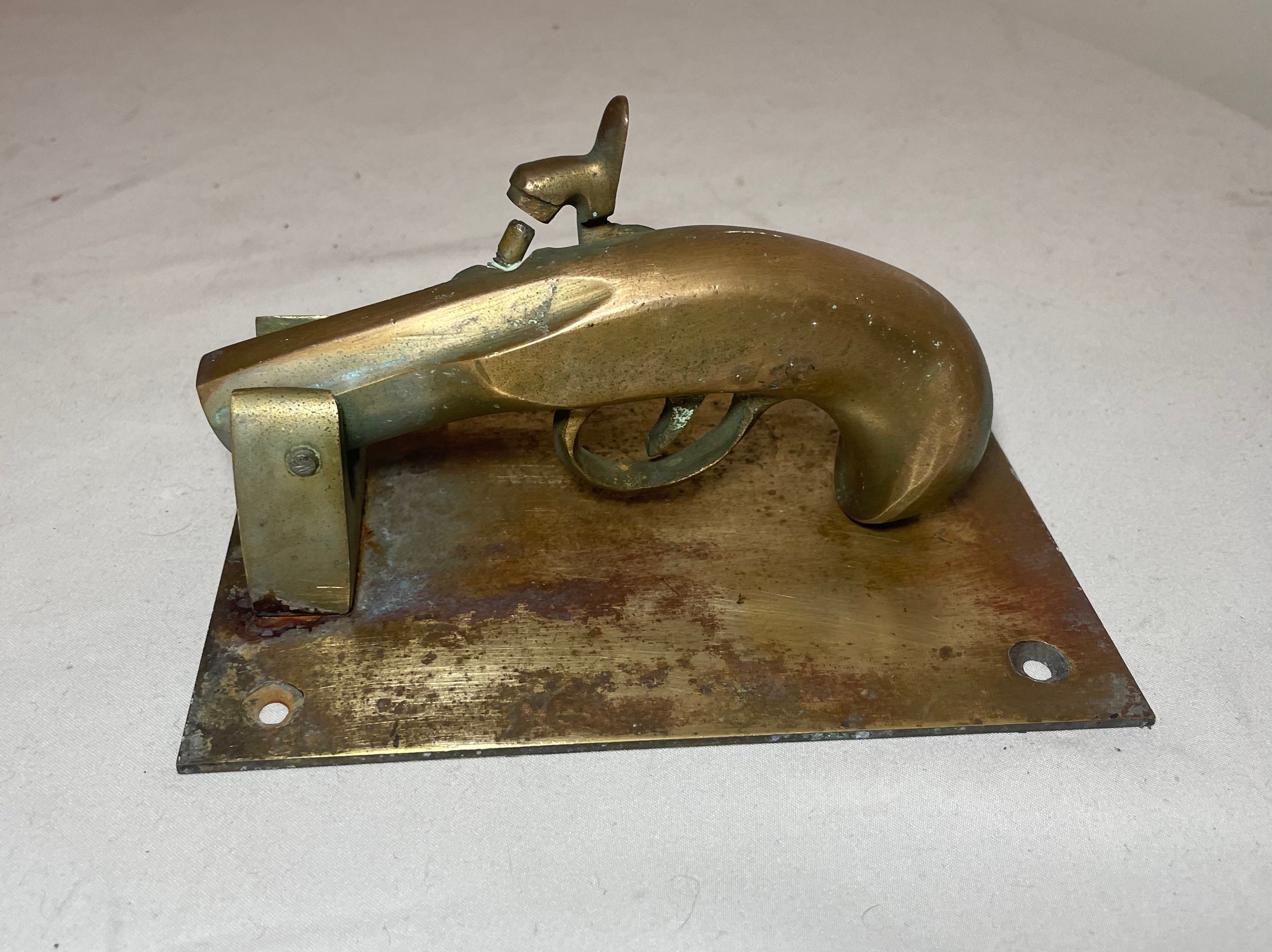 RARE Antique Solid Heavy Brass Gun Pistol Flintlock Figural Front Door ...