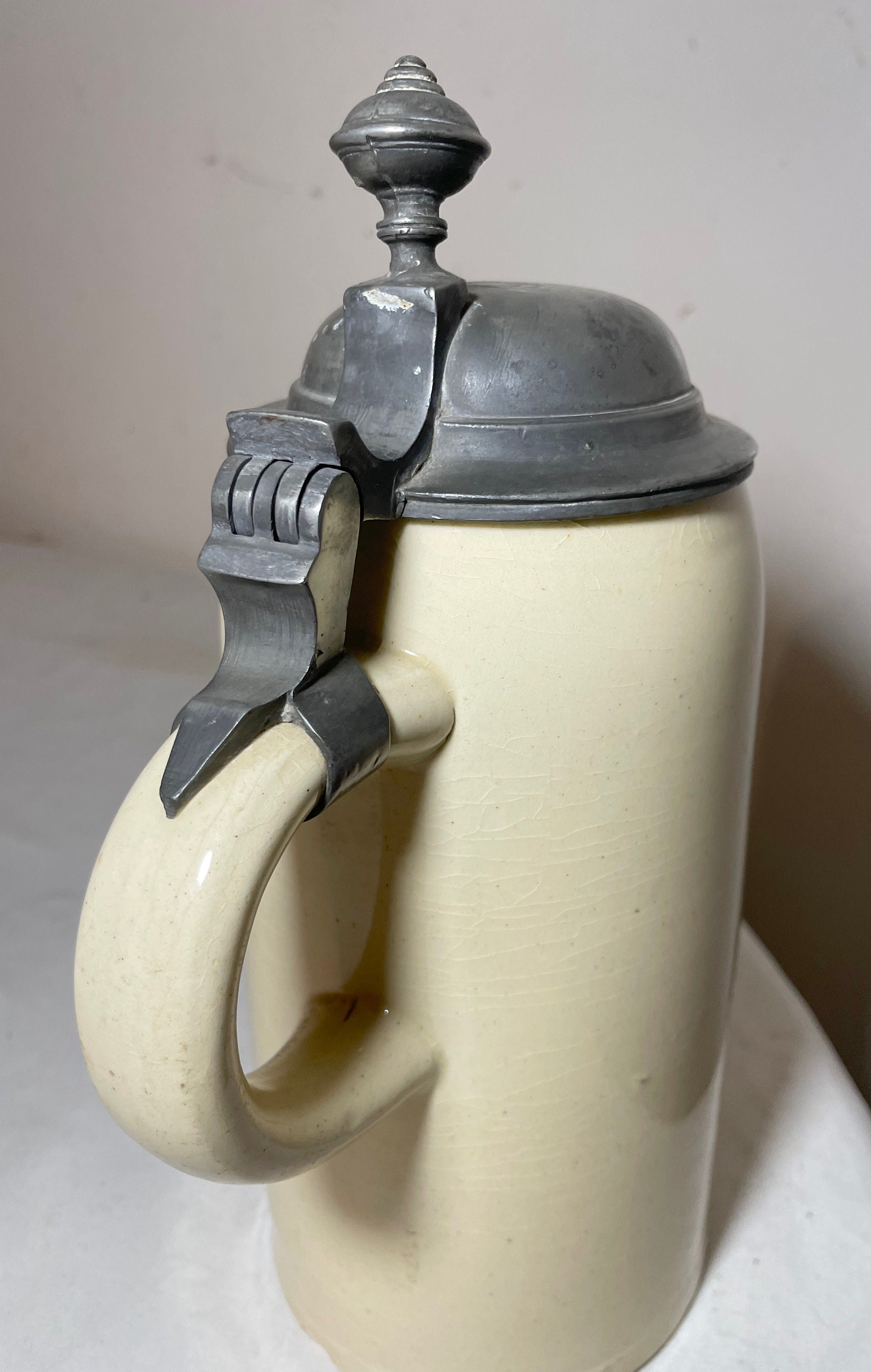 Antique 1ltr. Early 1800's German Pottery Pewter Lidded Beer Stein Mug ...