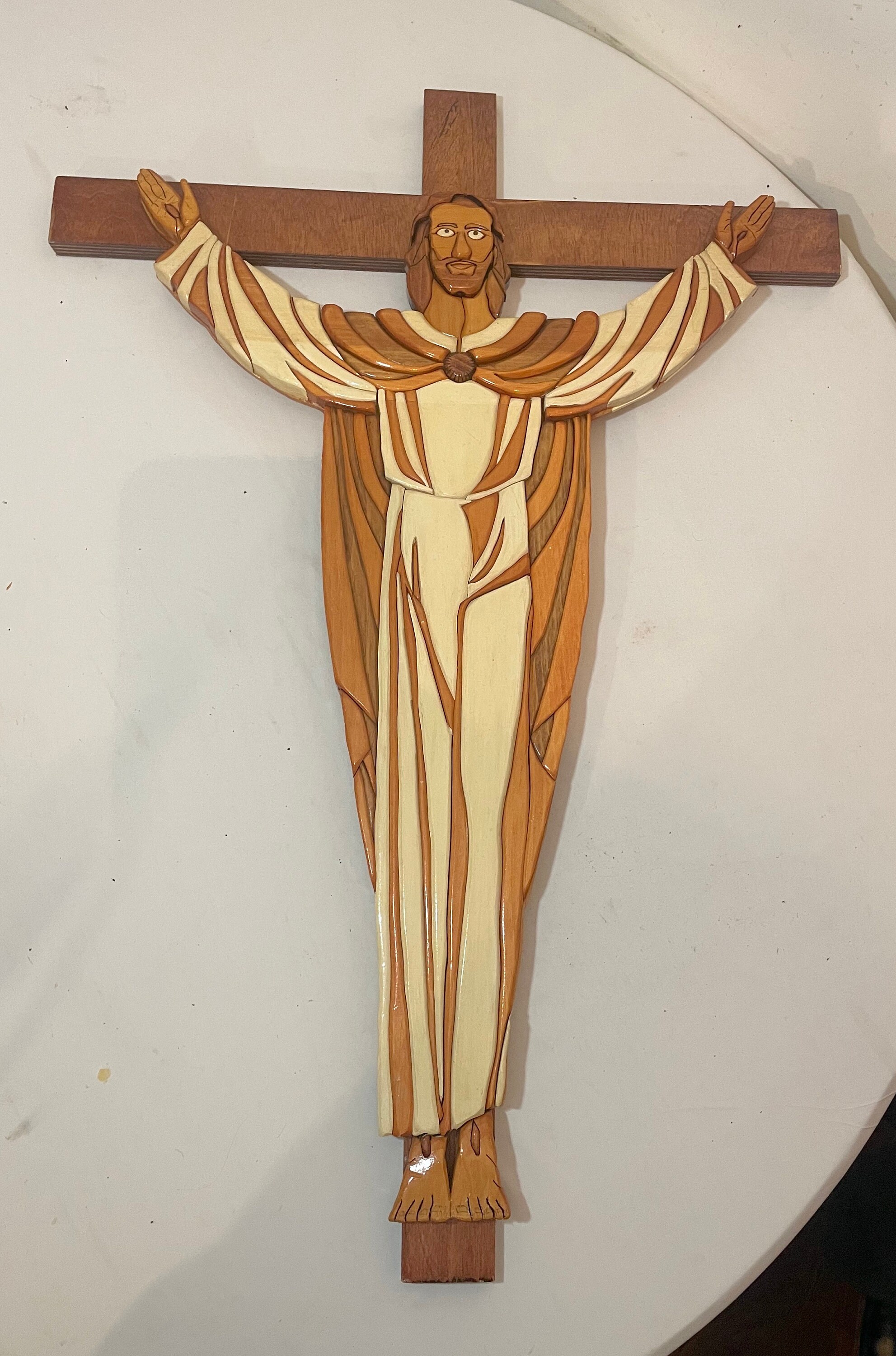 HUGE Carved Jesus Christ Intarsia Wood Art Wall Marquetry Sculpture ...