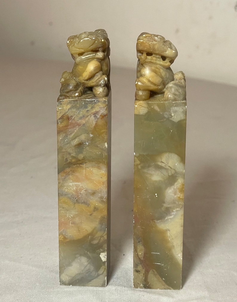 Pair Antique Hand Carved Chinese Hard Stone Chop Seal Block Foo Lion ...