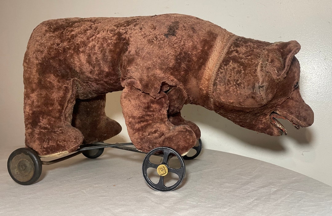 Rare Antique Handmade Mohair Bear Straw Stuffed Animal Pull Toy With ...