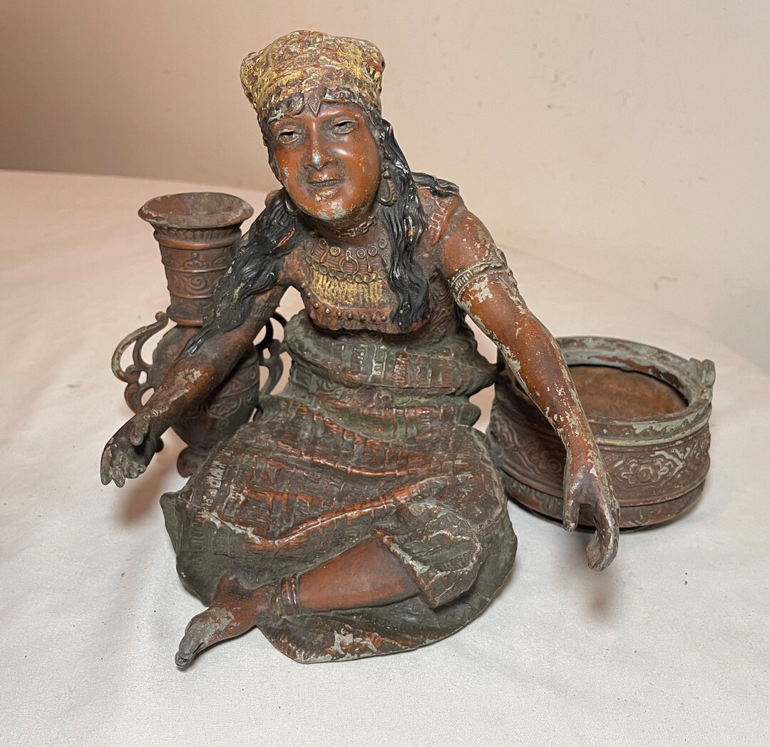 Rare Antique Cold Painted Metal Gypsy Lady Smoking Ashtray Match Holder ...