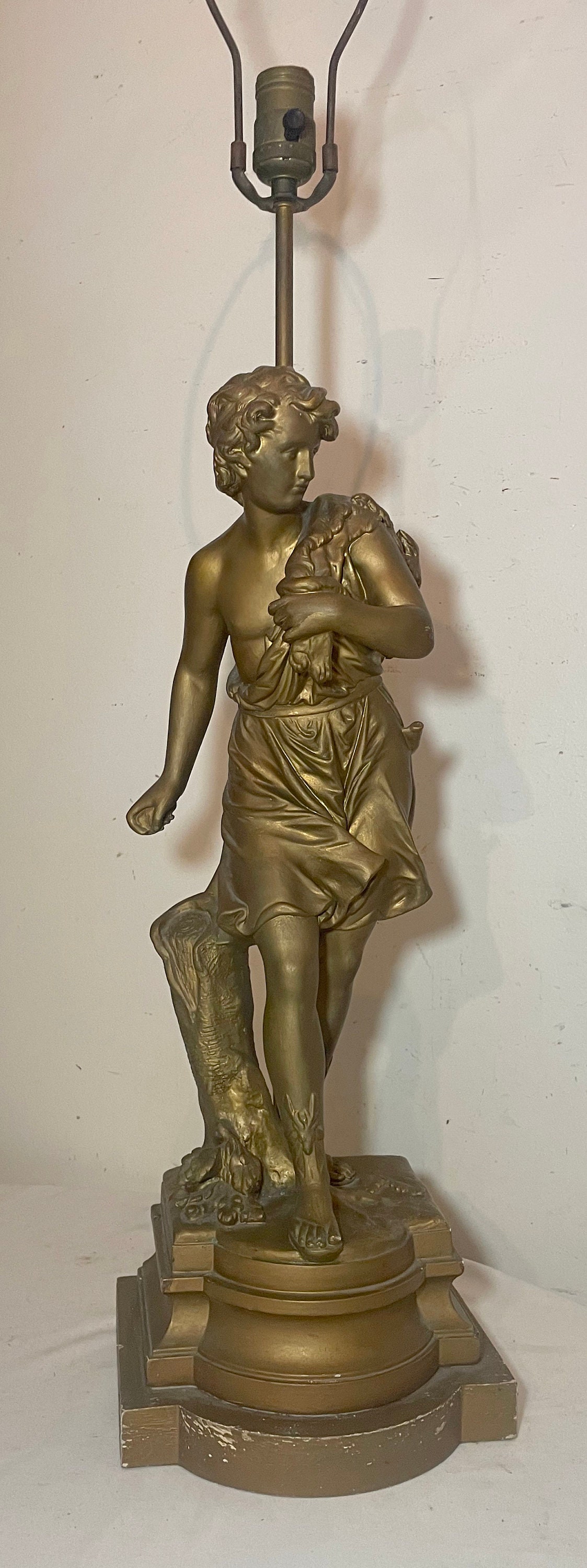 HUGE Antique Figural Gold Gilded Wood Ceramic Hunter Man Electric Table ...
