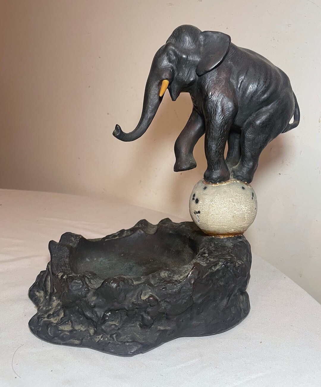 LARGE Antique Circus Elephant Dish Ashtray Armor Bronze Clad Statue ...