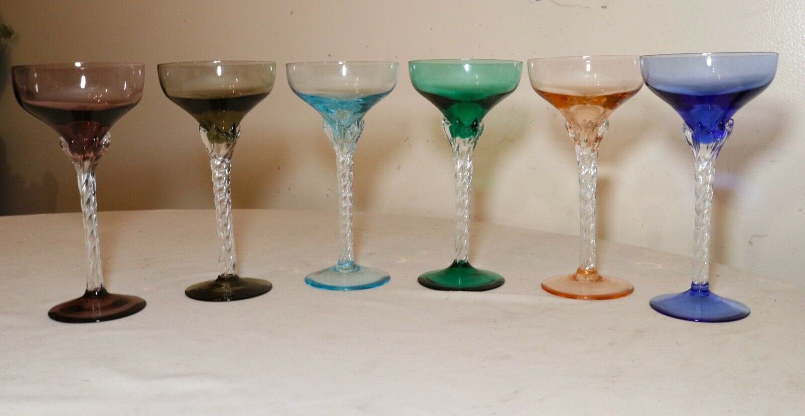 Lot Of 6 Hand Blown Twisted Stem Multi Colored Glass Crystal Etsy