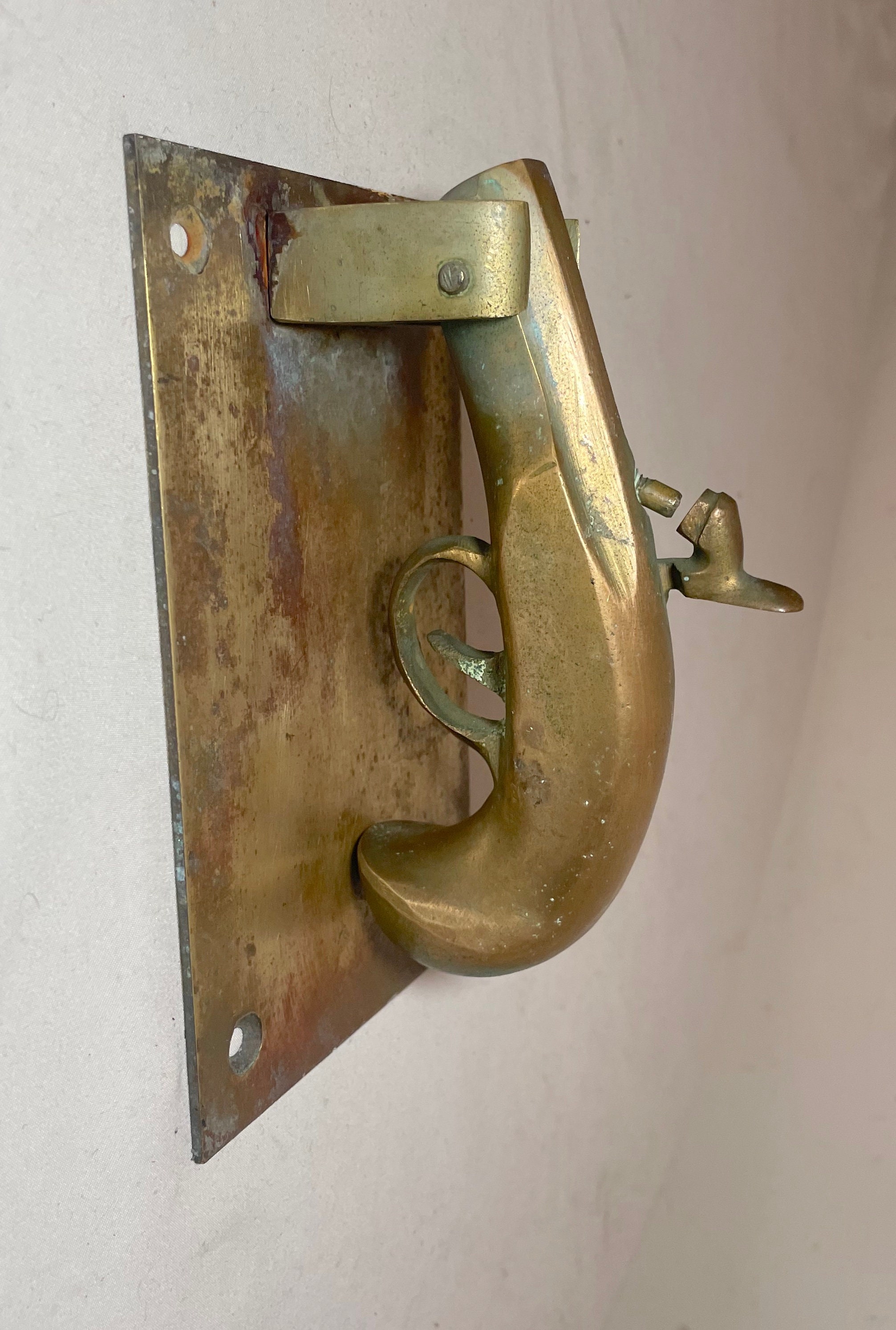 RARE Antique Solid Heavy Brass Gun Pistol Flintlock Figural Front Door ...