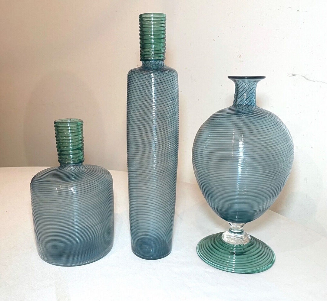 3 Vintage Hand Blown Swirled Green Blue Paran Studio Glass Vases Richard Jones - Etsy