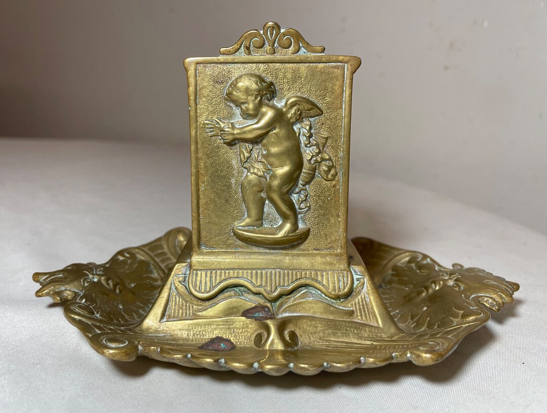 Antique 1800's Gilt Bronze Smoking Ashtray Cherub Match Safe Holder ...
