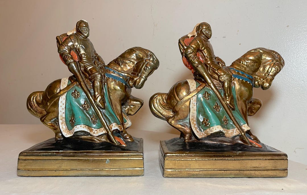 LARGE Pair Antique Armor Patinated Bronze Clad Co Jousting Knights ...