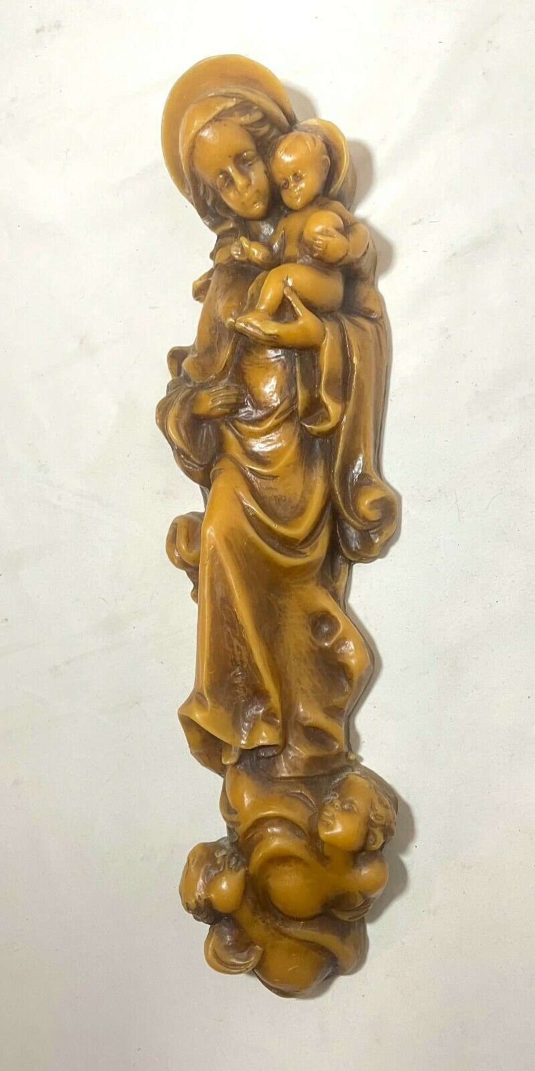LARGE Vintage Antique Religious Virgin Mary Jesus Wax Wall Sculpture ...