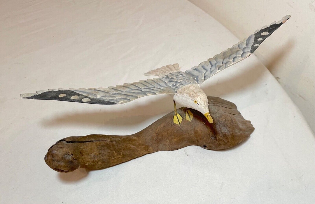Antique Hand Carved Wood Folk Art Shore Seagull Bird Duck Decoy ...