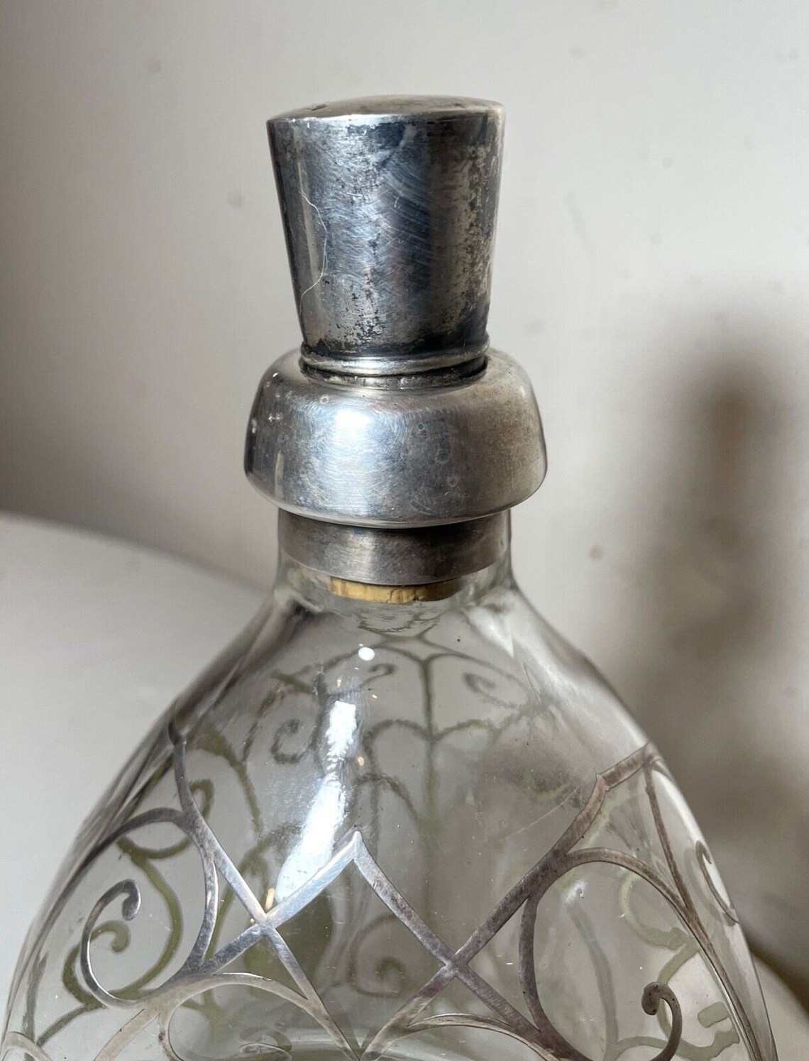 Antique Ornate Sterling Silver Overlay Glass Liquor Claret Decanter ...