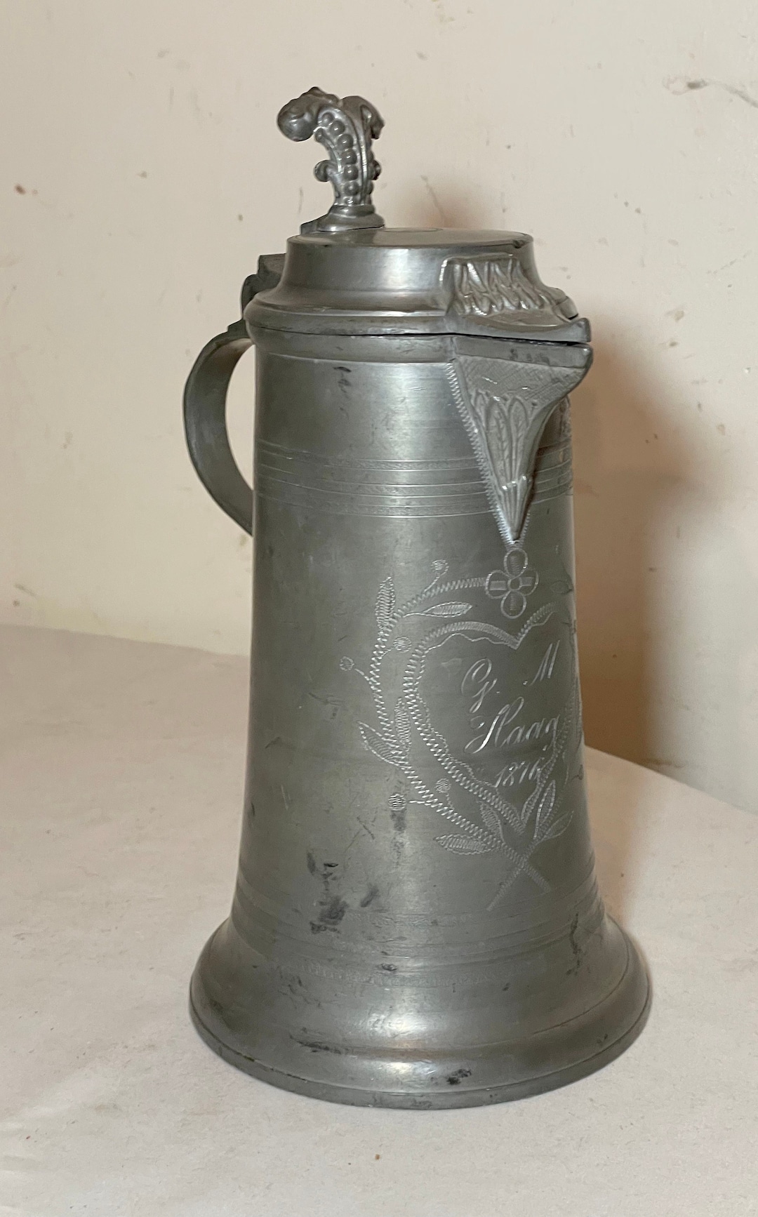 Rare Antique 1876 1 Liter Handmade Engraved Pewter Flagon Tankard ...