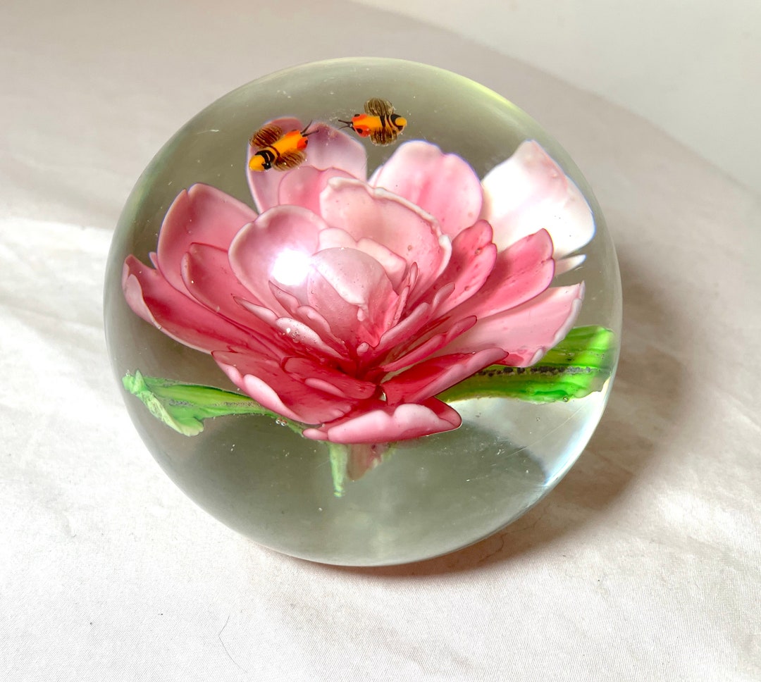 Vintage Hand Blown Art Studio Glass Flower Bee Rose Paperweight Ball ...