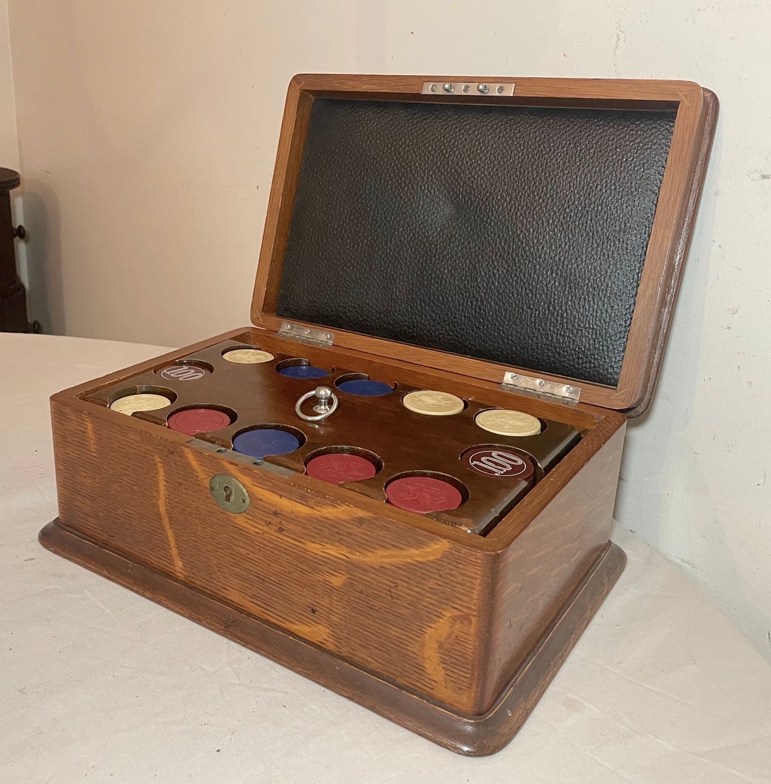 Antique 1800's Handmade Wooden Tiger Oak Poker Caddy Gambling Set ...