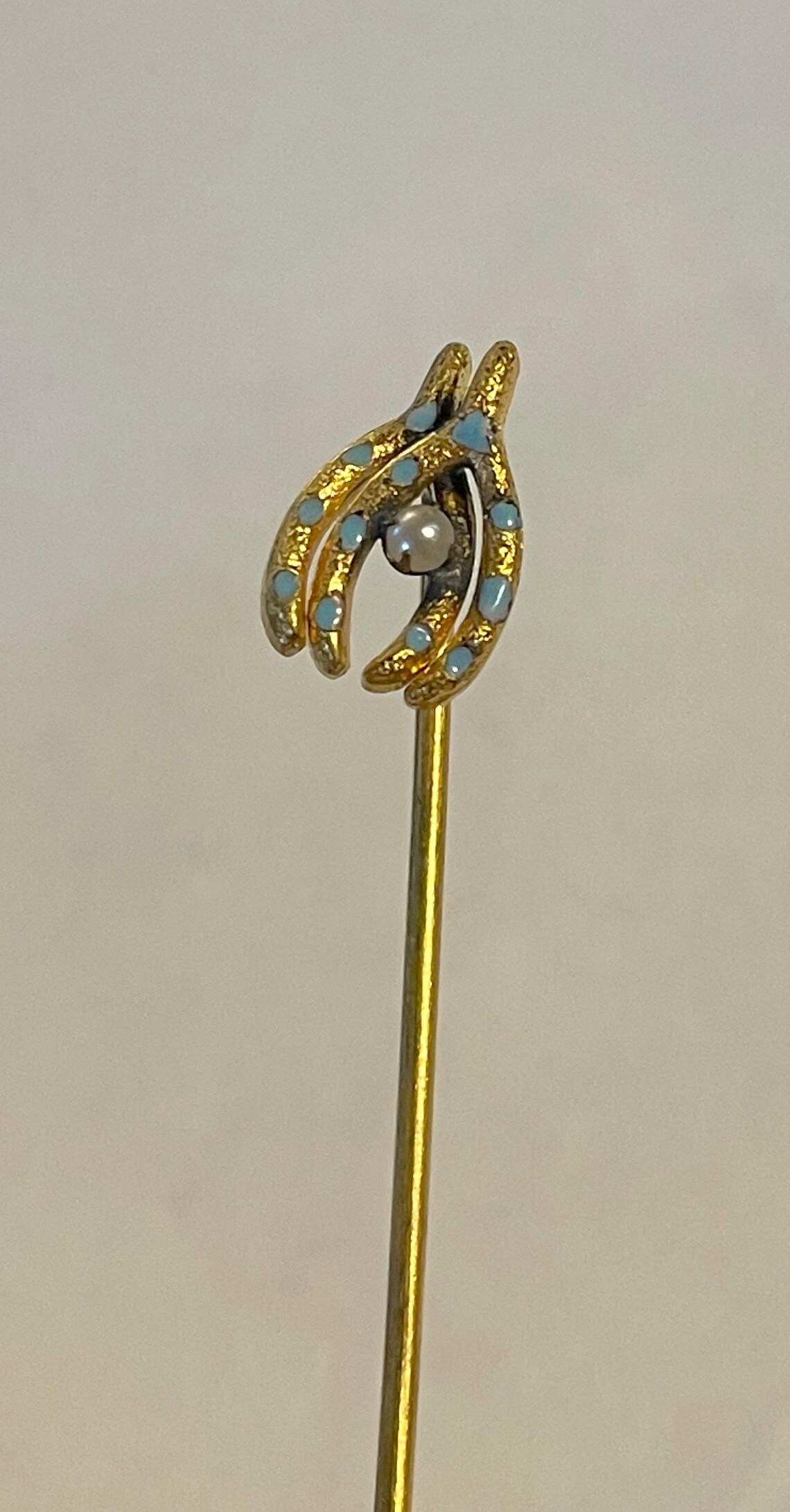 Antique Handmade Yellow Gold Filled Wishbone Enamel Pearl Hat Stick Pin ...