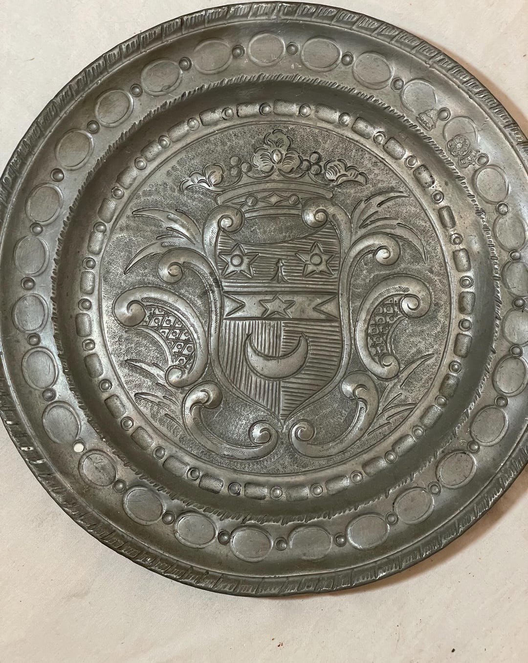 Antique 18th Century Tooled Engraved Handmade Armorial Pewter Plaque ...