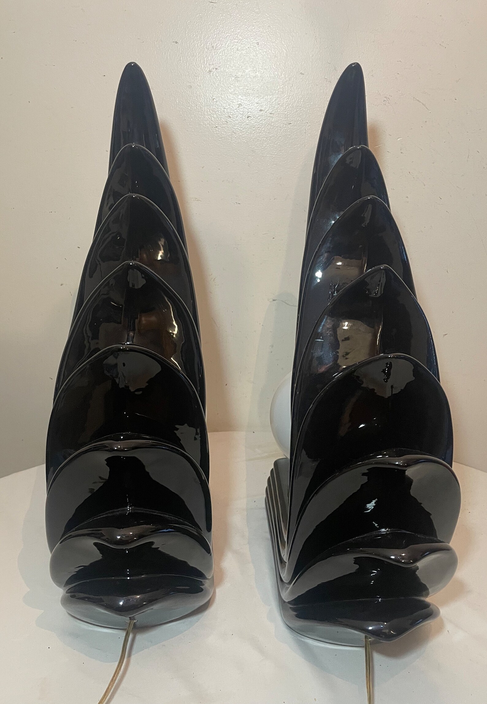 LARGE Pair of Vintage Mid Century Modern Wave Flame Black Ceramic Table ...