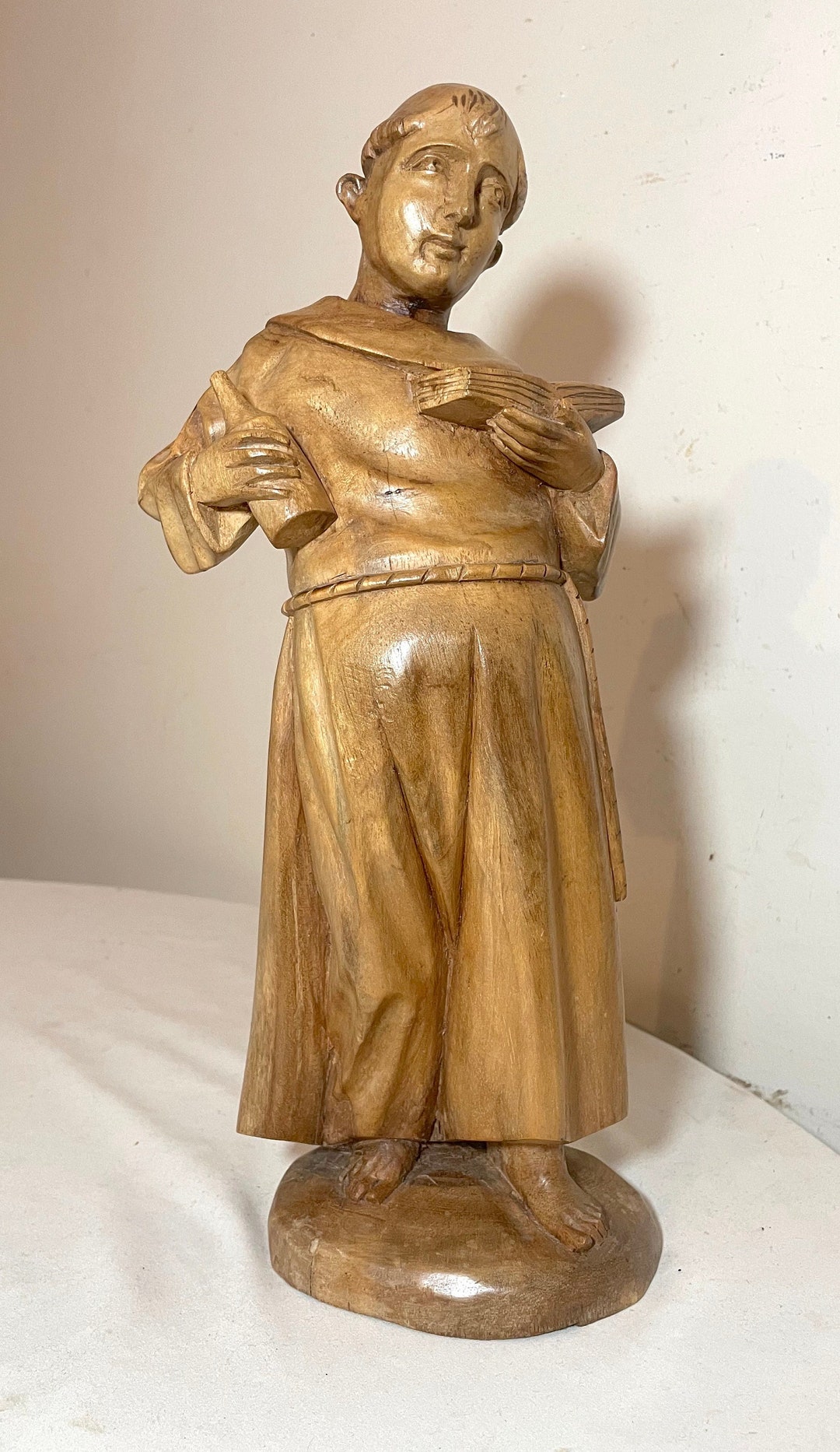 Antique Hand Carved Wood Folk Art Friar Monk Statue Sculpture Religious ...