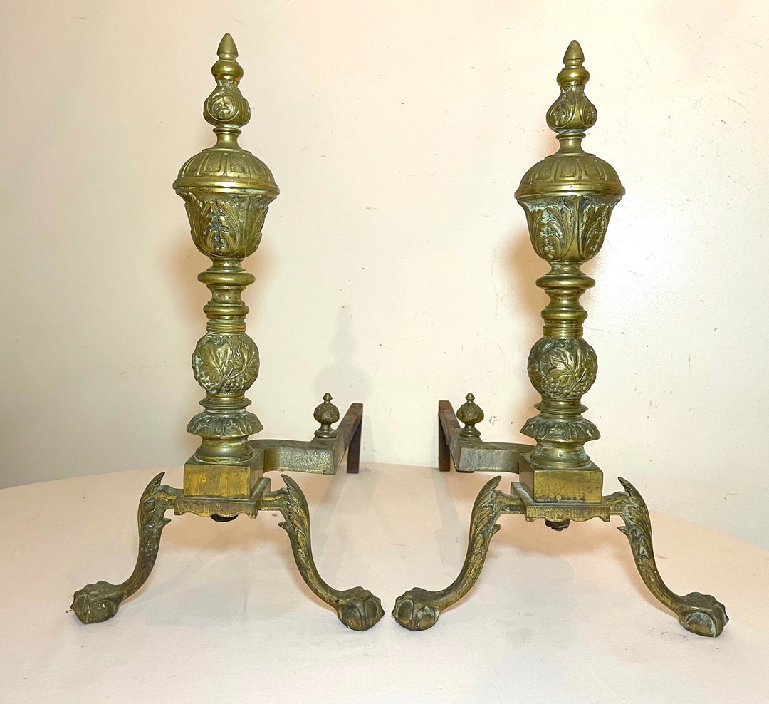Pair Antique Ornate Victorian Solid Bronze Cast Iron Claw Fireplace ...